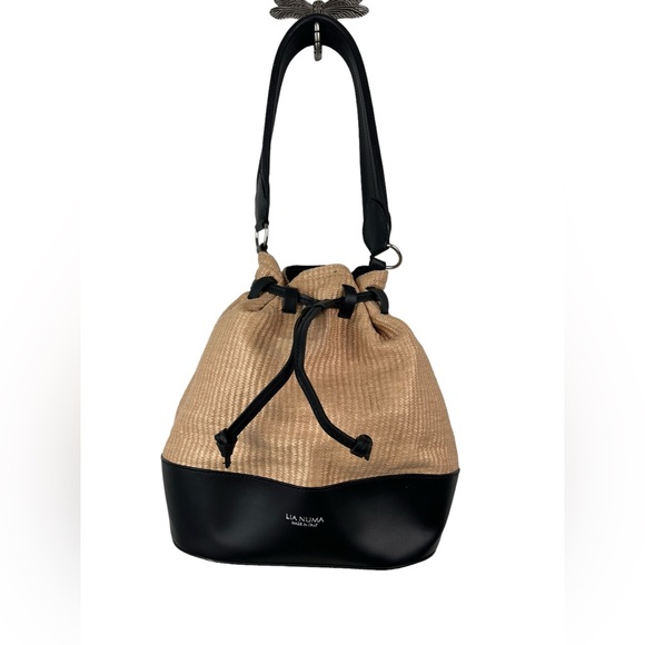 Lia Numa | Bags | Lia Numa Leather Rafia Bucket Shoulder Bag Purse Made ...
